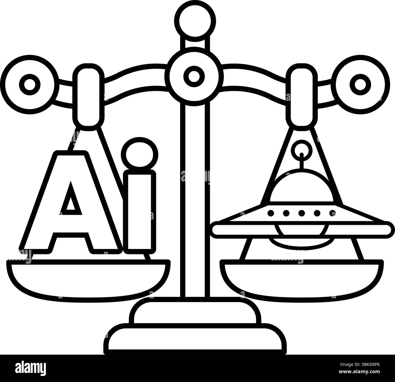 A scale with the letters AI on one side and an alien on the other. The ...