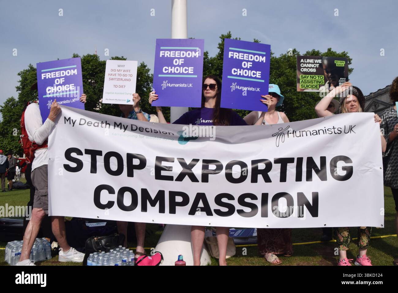 London, UK. 20th June 2025. Campaigners from the groups My Death, My Decision and Humanists UK ...