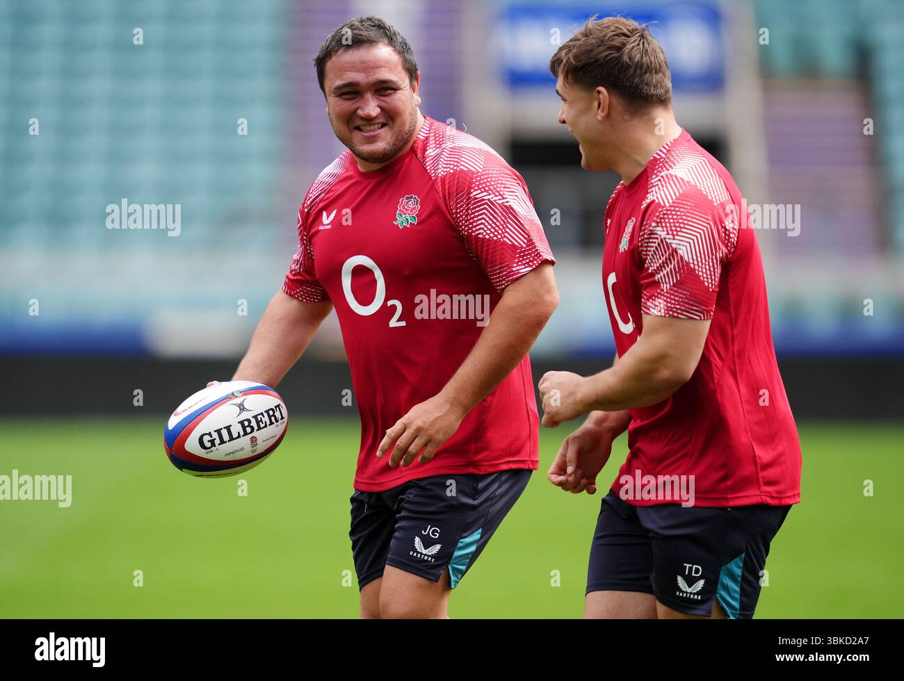 England's Jamie George (left) and Theo Dan during a training session at ...