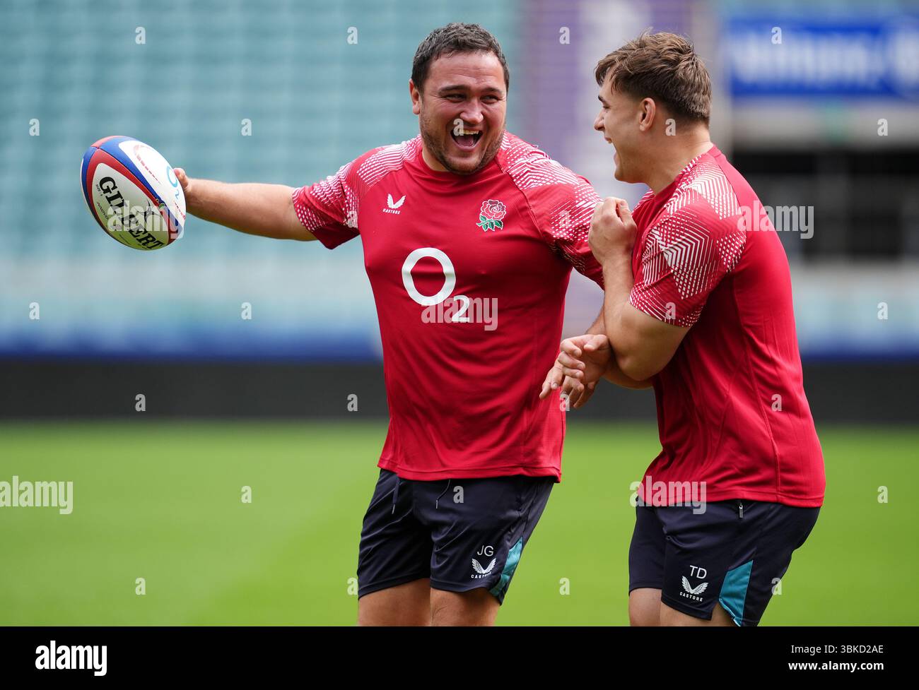England's Jamie George (left) and Theo Dan during a training session at ...