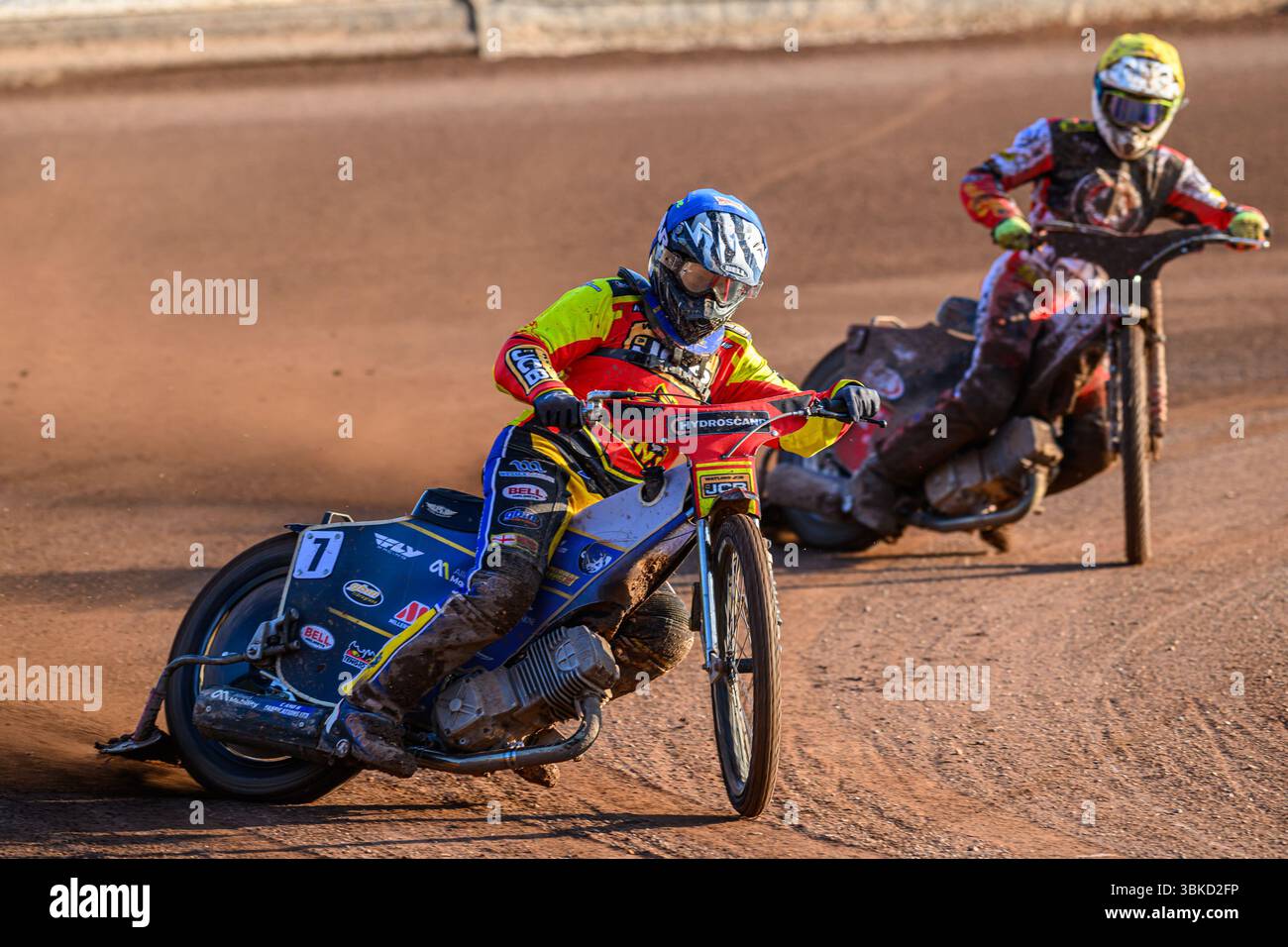 Leicester Lions' Joe Thompson in Blue leading Belle Vue Aces' Jake ...