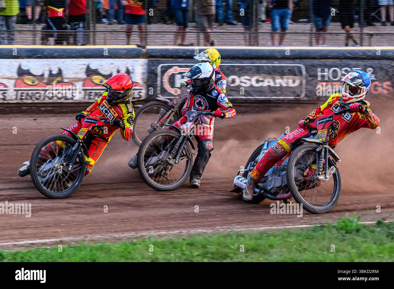 Leicester Lions' Kyle Howarth in Red leading Belle Vue Aces' Zach Cook ...