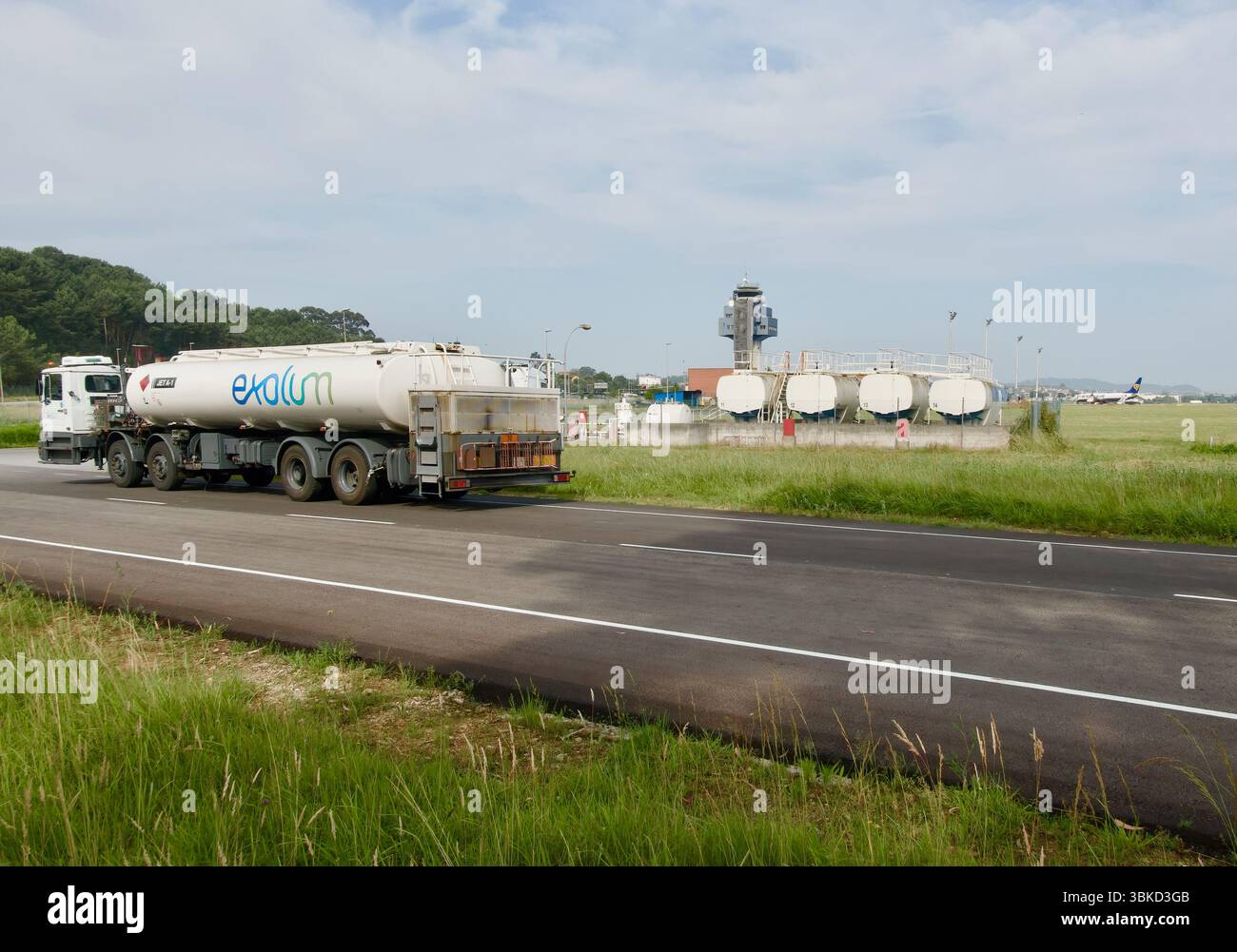 An Exolum Jet A-1 refuelling tanker truck parked at the fuel depot area ...