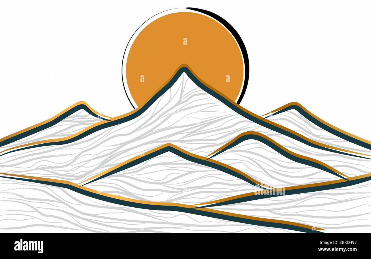 minimalist mountain and sunset line arts wallpaper, luxury landscape ...