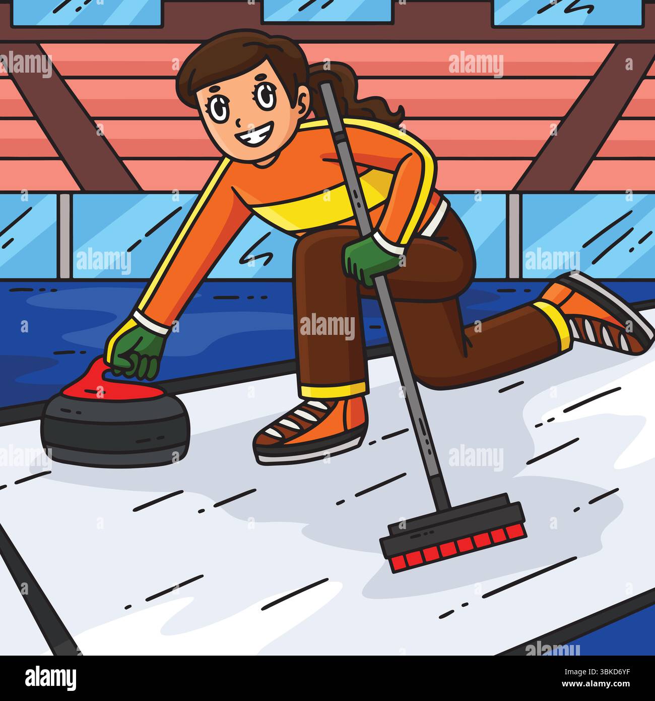 This cartoon clipart shows a Curling Female Skip Delivering a Stone ...