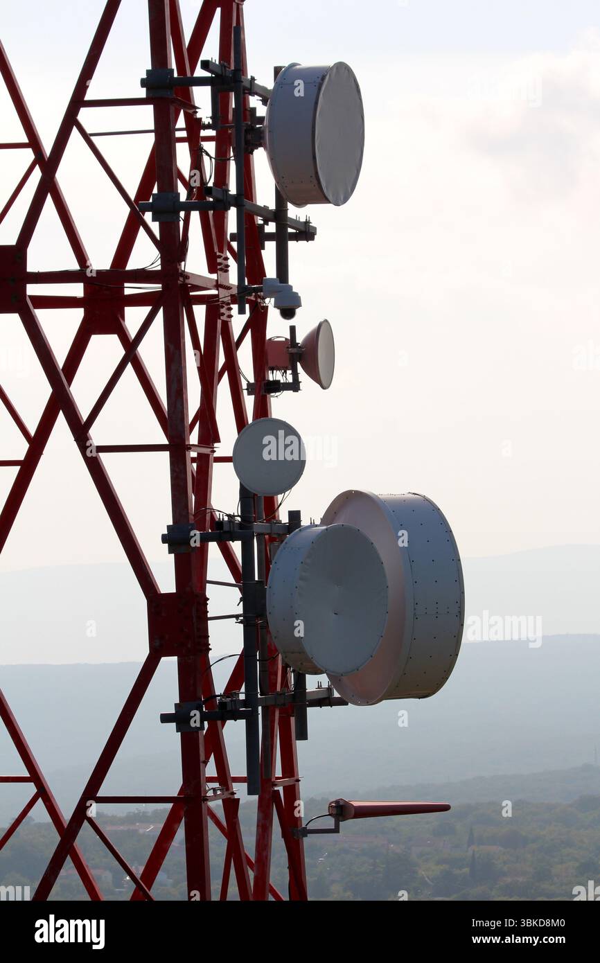 Tall red lattice communication tower holds multiple large round ...