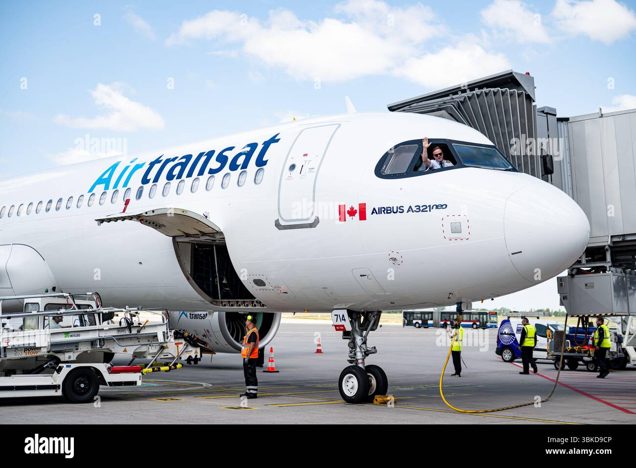20 June 2025, Brandenburg, Schönefeld: The pilot of Air Transat's ...