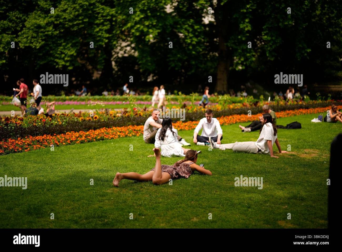 People enjoy the hot weather in Victoria Embankment Gardens, London ...