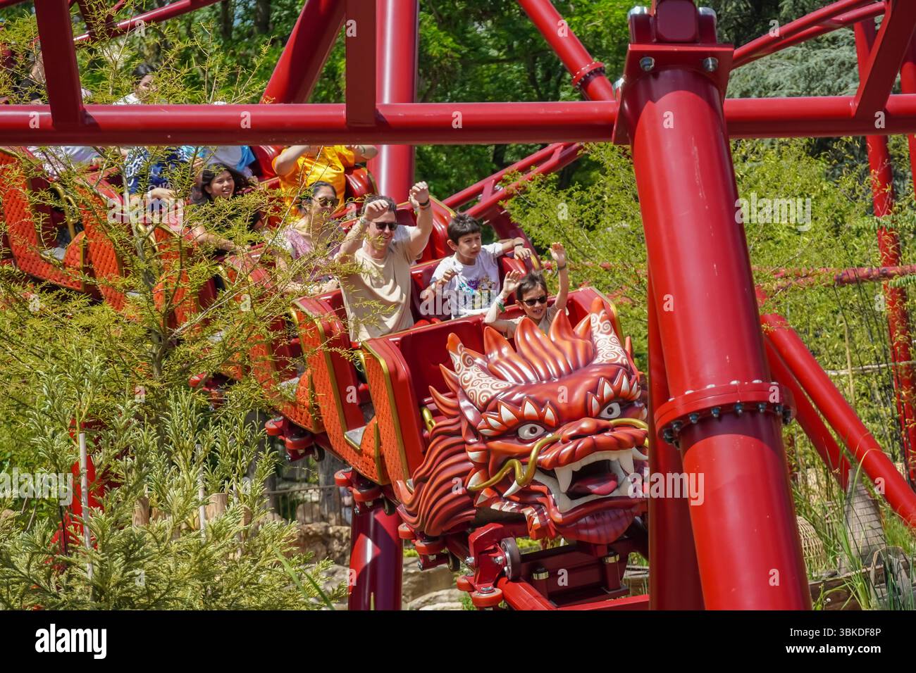 Paris, France. 16th June 2025. Visitors ride "Le Défi du Dragon" at the ...