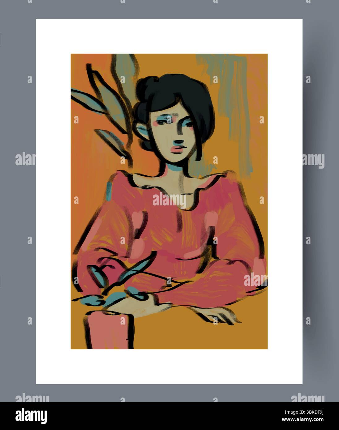 A Stylized Portrait Featuring a Woman Surrounded by Lush Plants in a ...