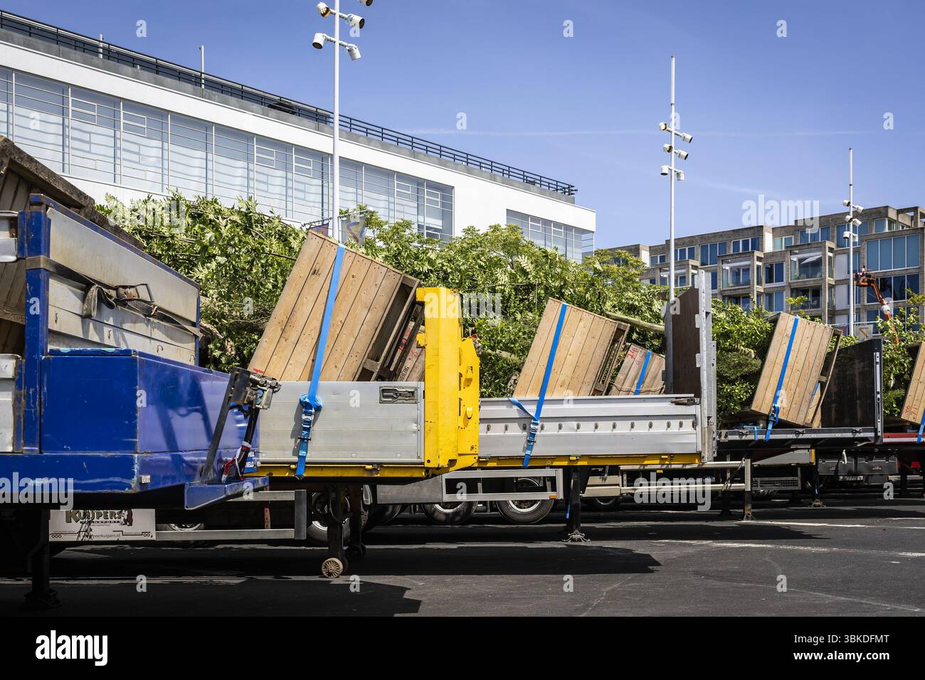 AMSTERDAM - Trees for "the forest" on trailers near the Olympic Stadium ...