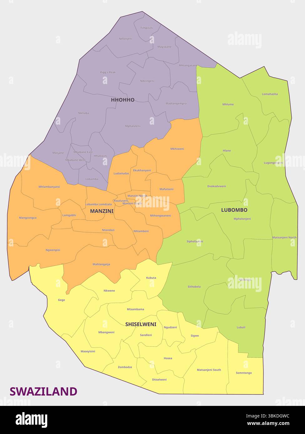 Map of Swaziland Showing Administrative Regions Stock Vector Image ...