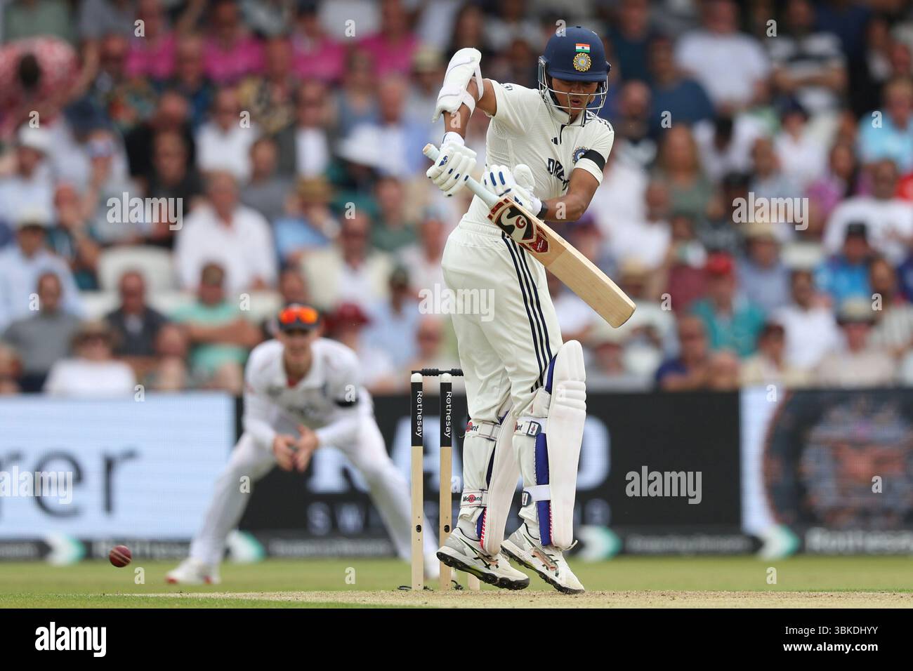 India's Yashasvi Jaiswal plays a shot on day one of the first cricket ...