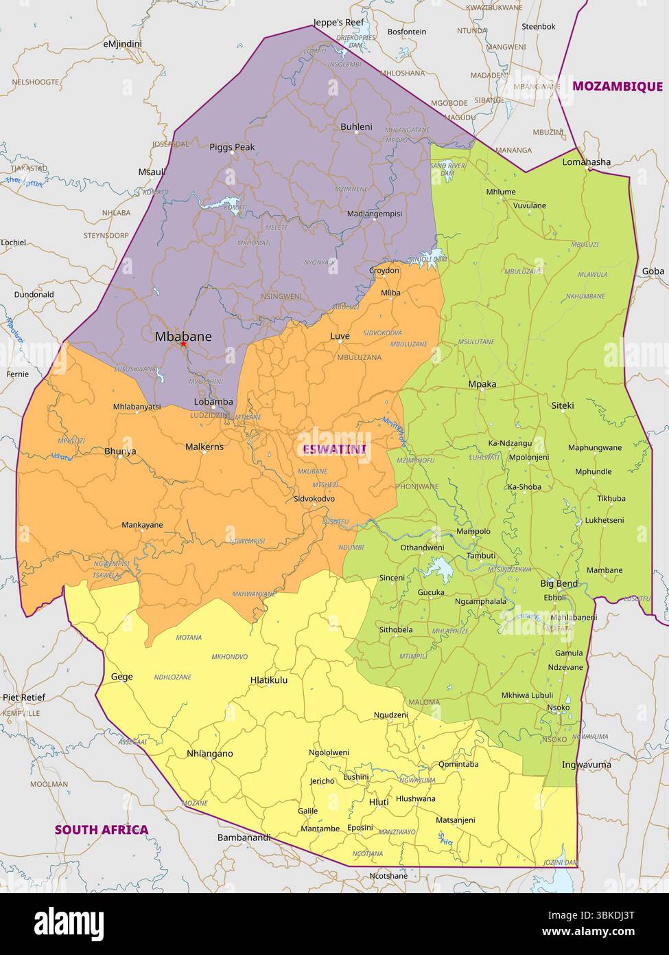 Detailed political map of Swaziland Stock Vector Image & Art - Alamy