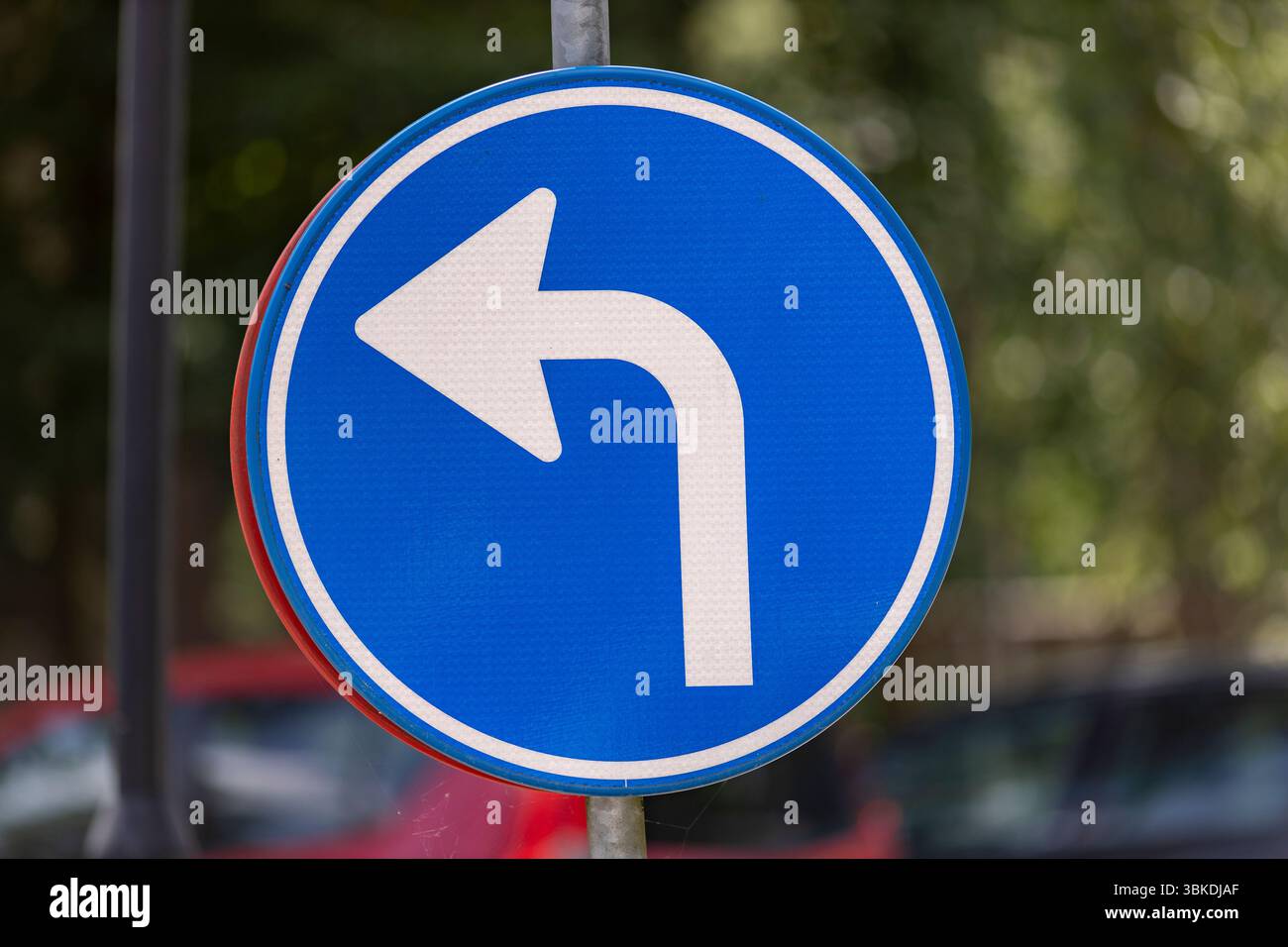 Blue and white sign on a traffic indication depicting the obligated ...