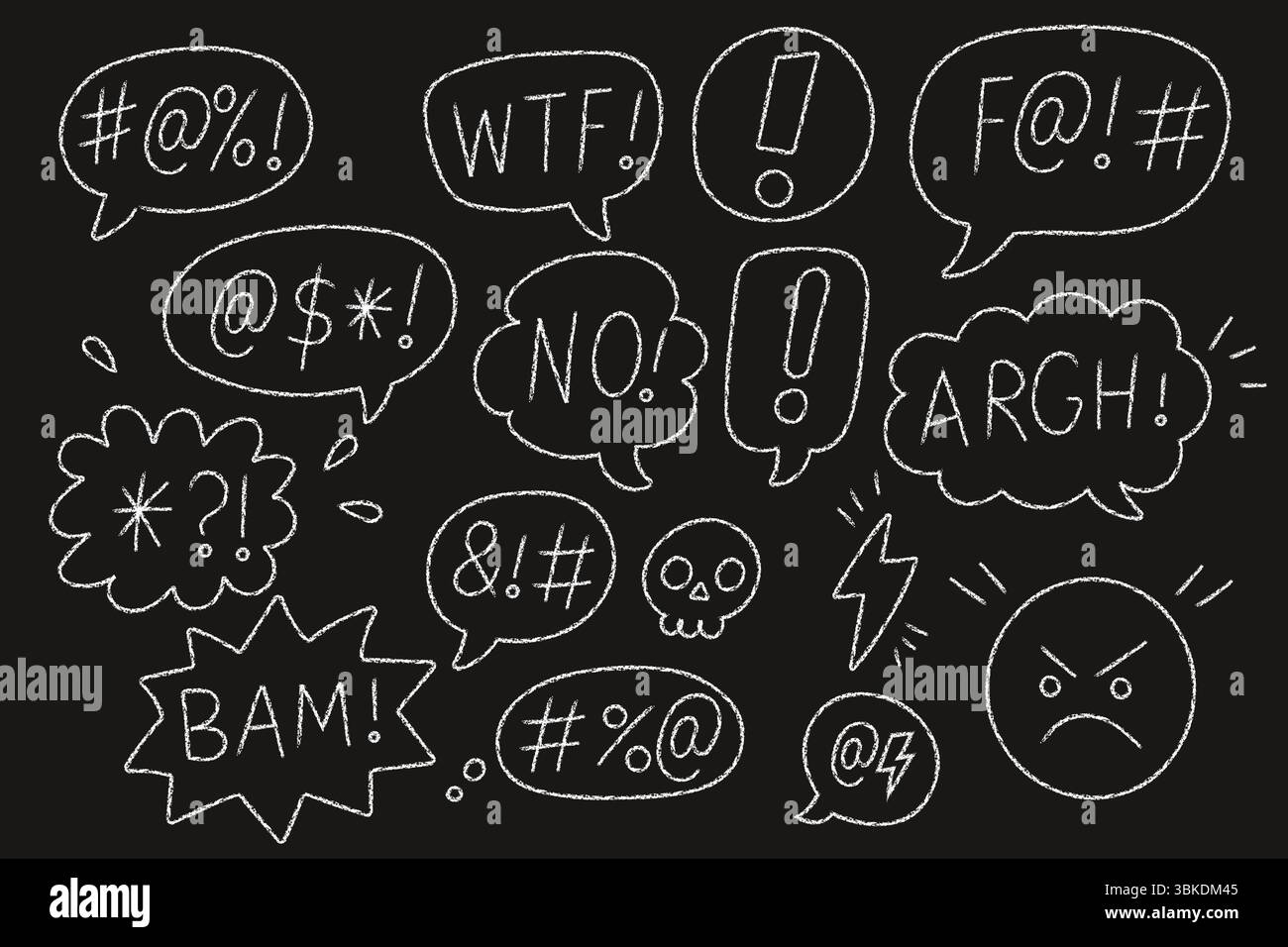 Comic style angry bubbles with chalk crayon texture on blackboard ...