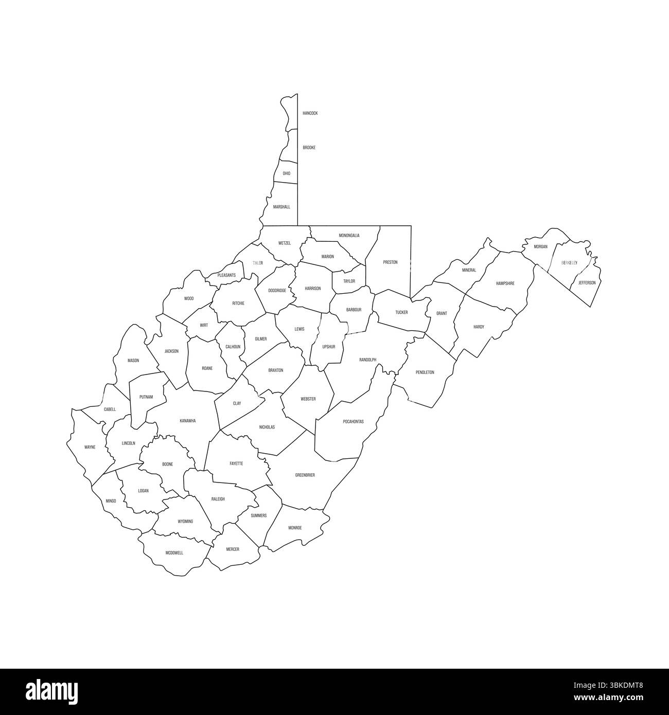 West Virginia, WV - detailed political map of US state. Administrative map divided into counties ...