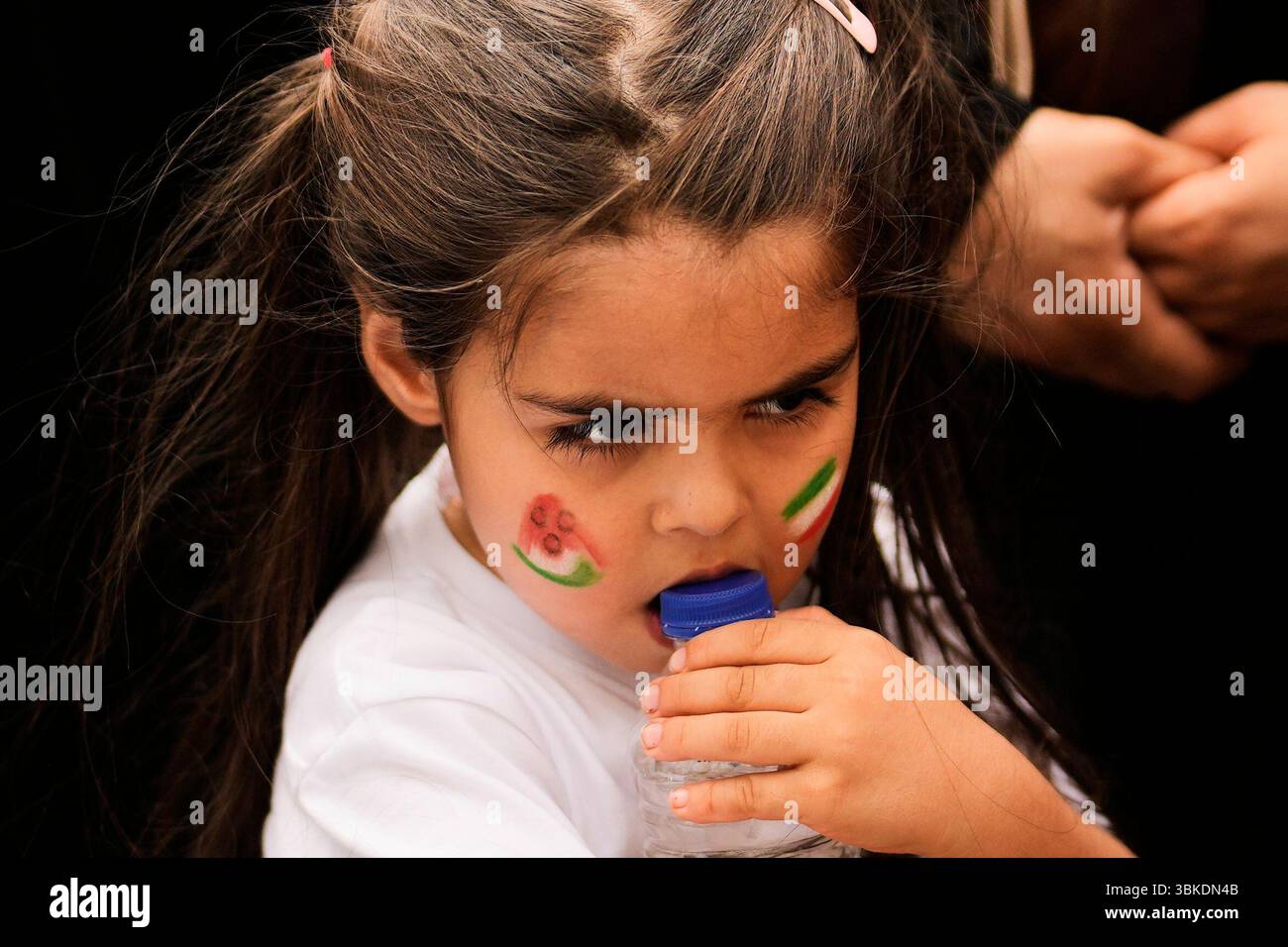 A girl with her face painted in the colors of the Iranian and ...