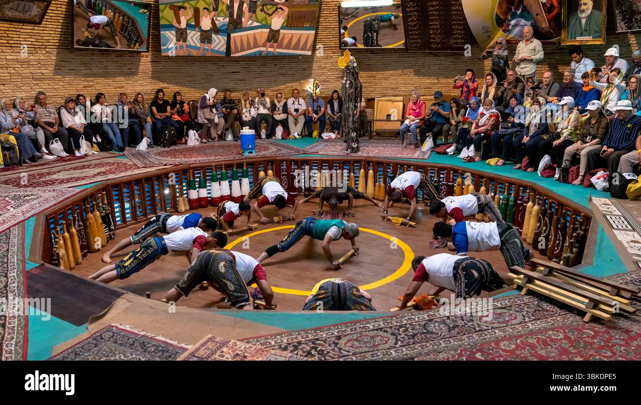Yazd, Iran - 01 May 2019: Athletes performing traditional Pahlavani ...