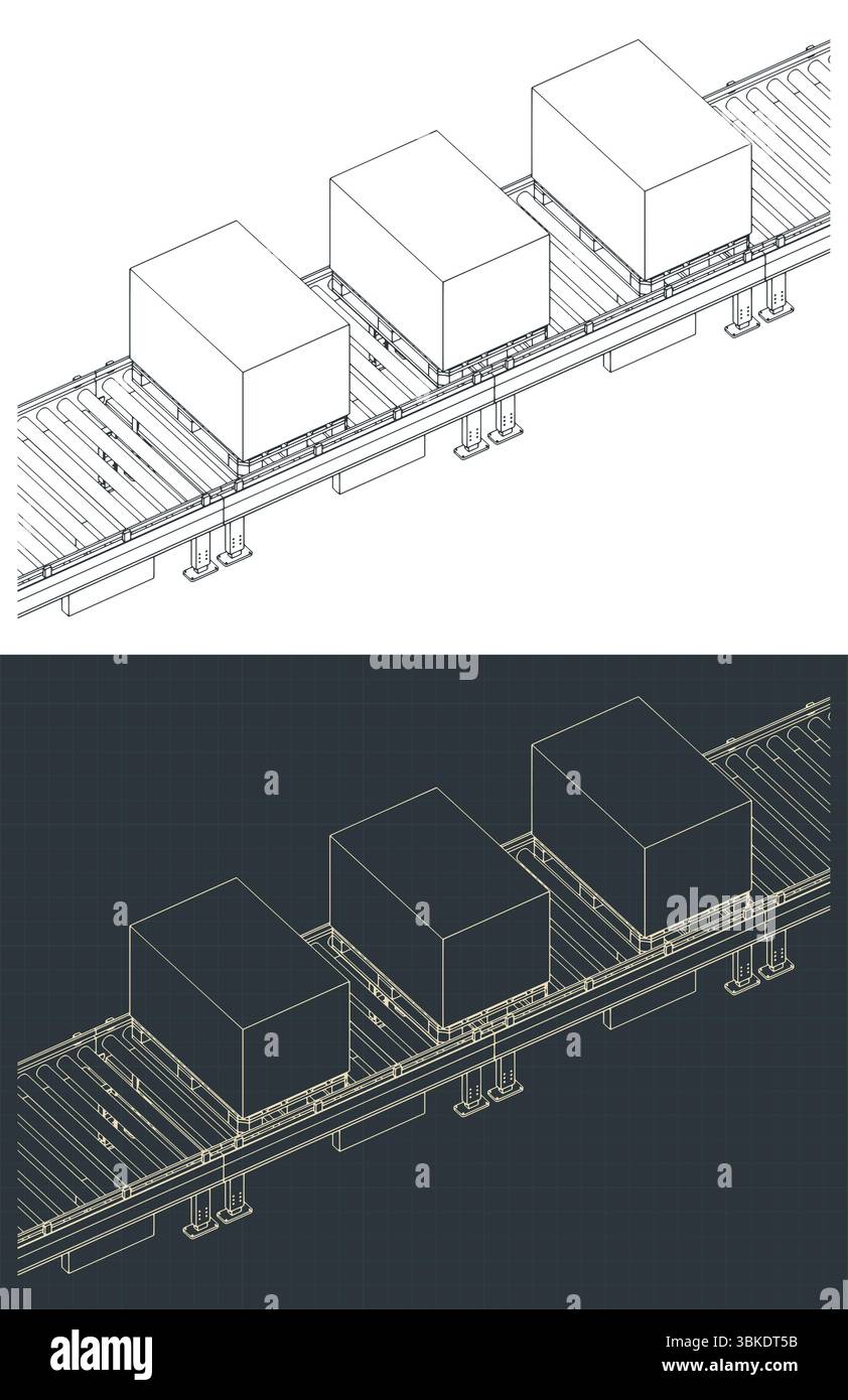 Conveyor line with boxes on pallets isometric drawings stylized vector ...