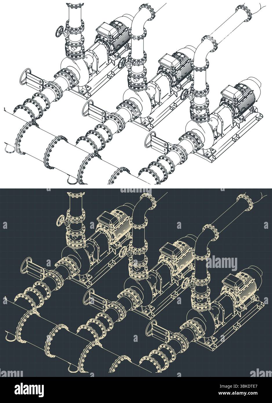 Water pumping station system isometric blueprints stylized vector ...
