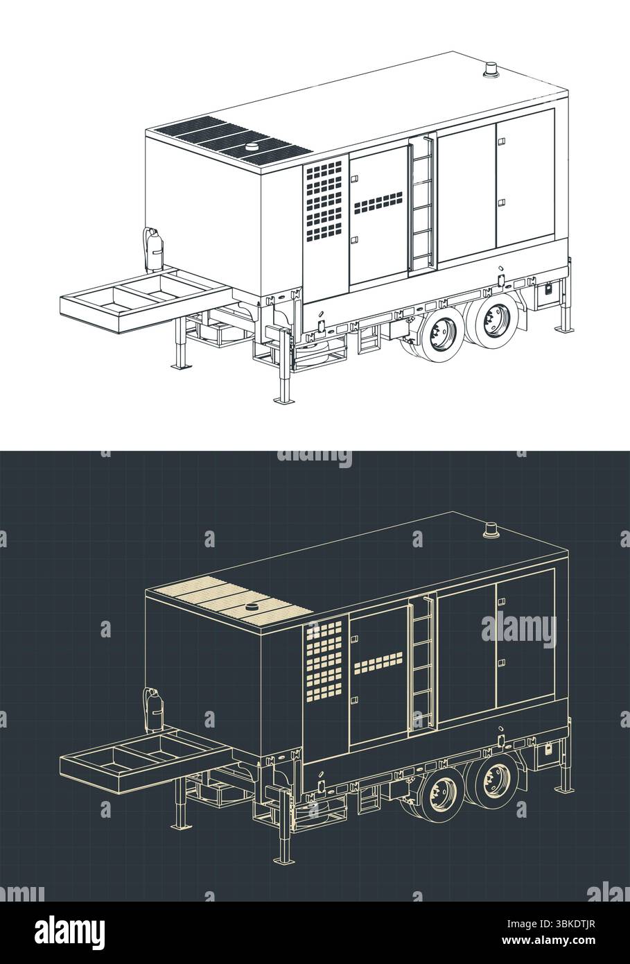 Diesel generator trailer isometric drawings stylized vector ...
