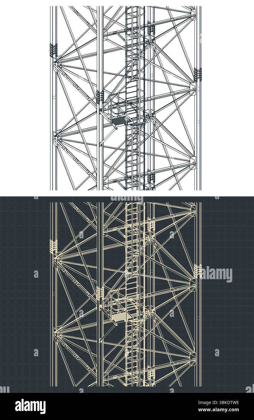 Self-supporting tower isometric drawings close up stylized vector ...