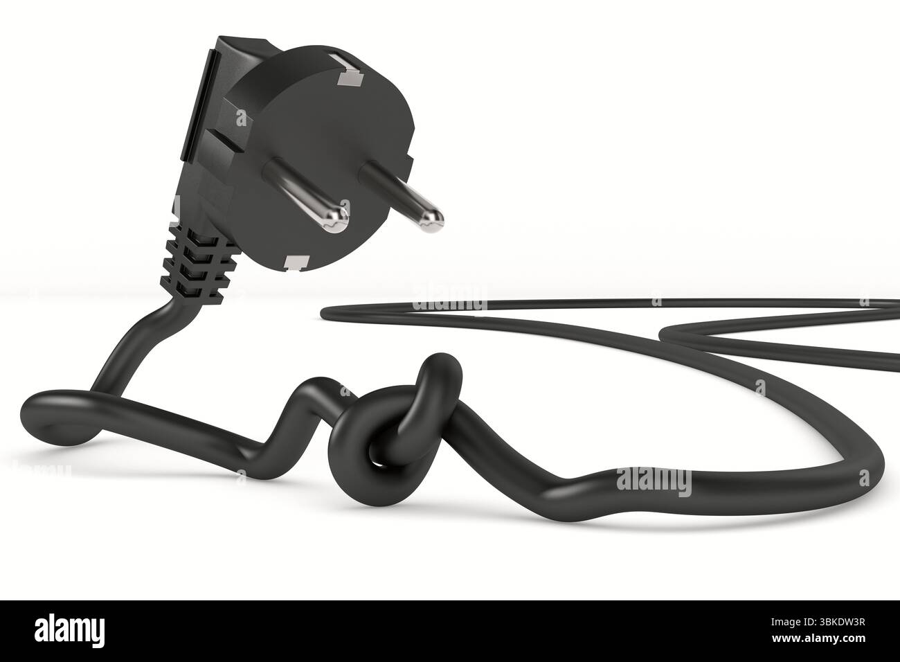 Electric plug tied in a knot on white background. Isolated 3D ...