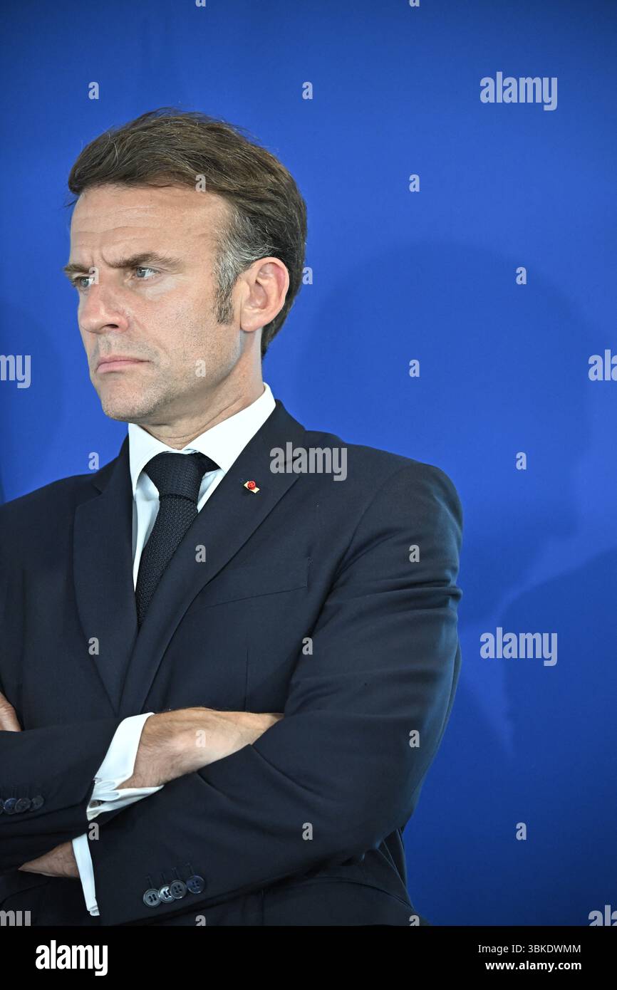 Le Bourget, France. 20th June, 2025. French President Emmanuel Macron ...