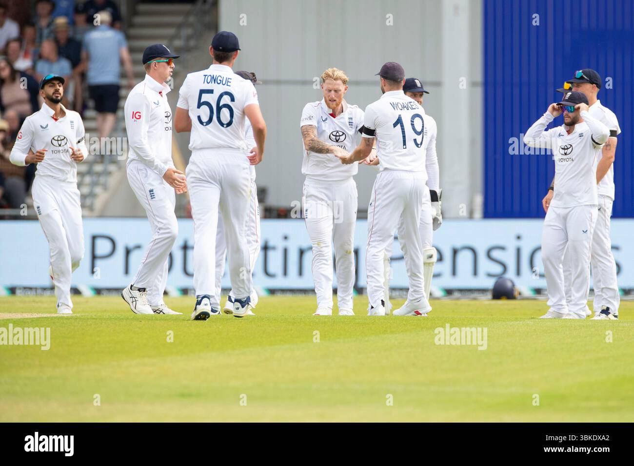 Ben Stokes #55 of England celebrates a wickets with team-mates during ...