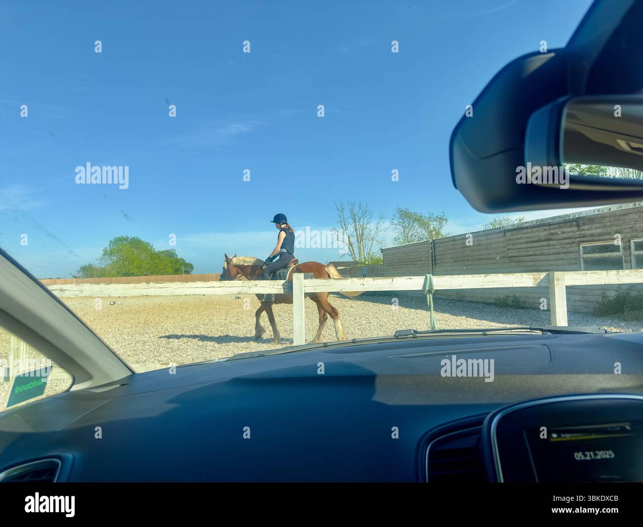 21 MAY 2025 - CAMBRIDGE, UK - A horse being ridden in the paddock ...