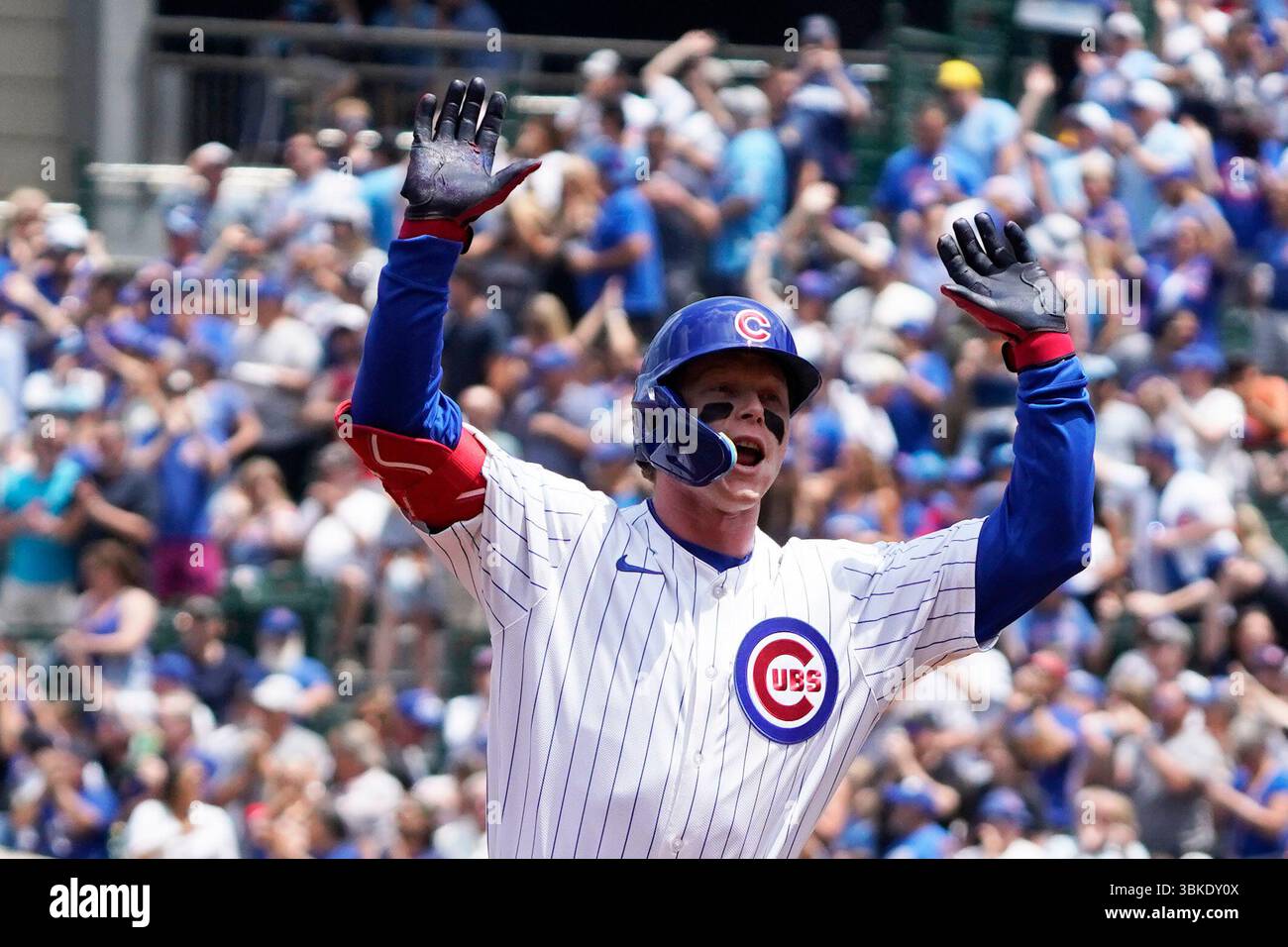 Chicago Cubs' Pete Crow-Armstrong gestures after hitting a two-run home ...