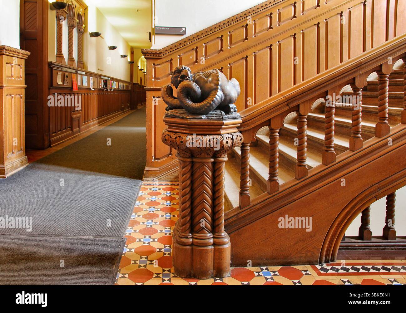 Interior of old college building, with carved oak staircase, University ...