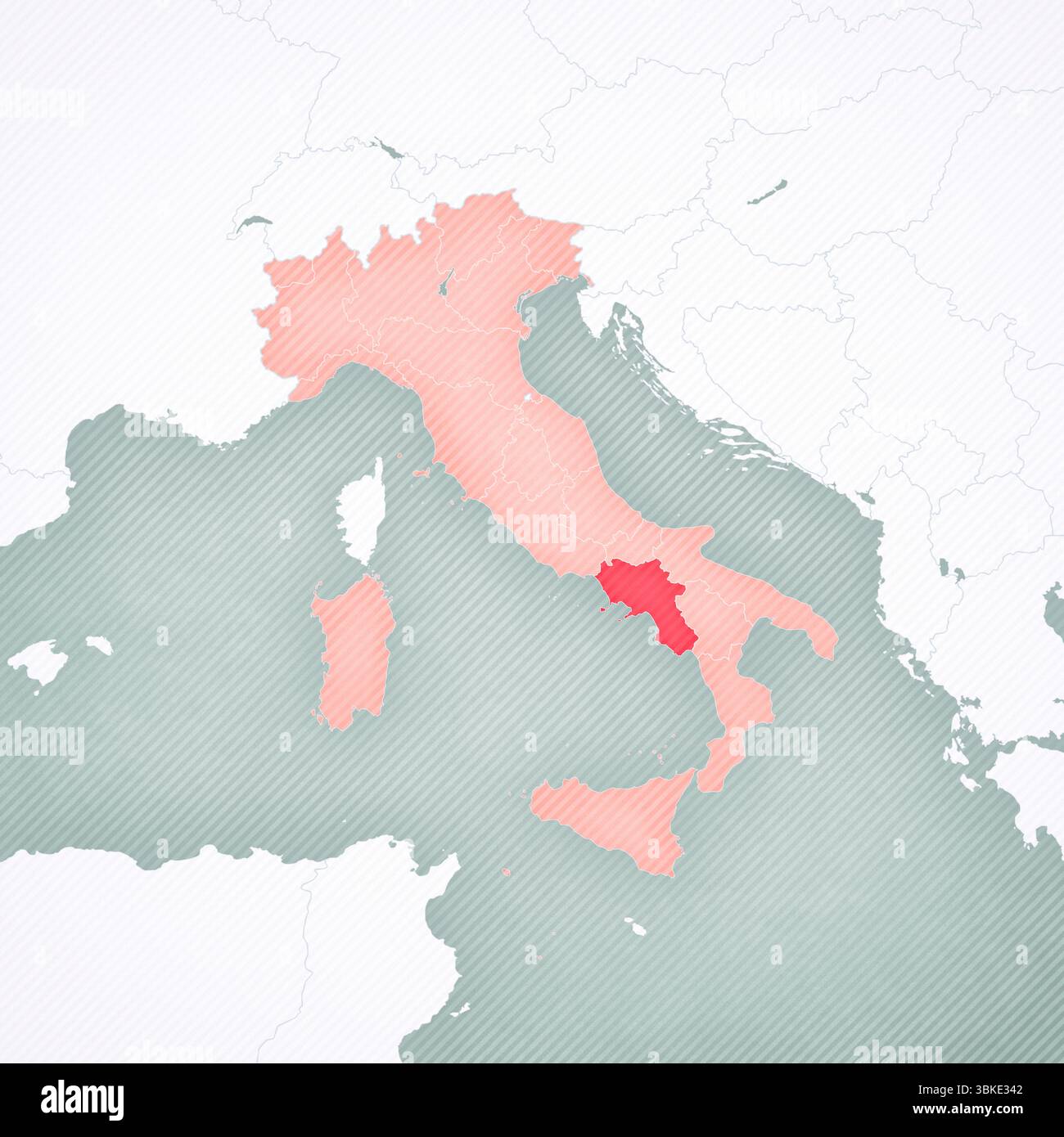 Campania on the map of Italy with softly striped vintage background ...