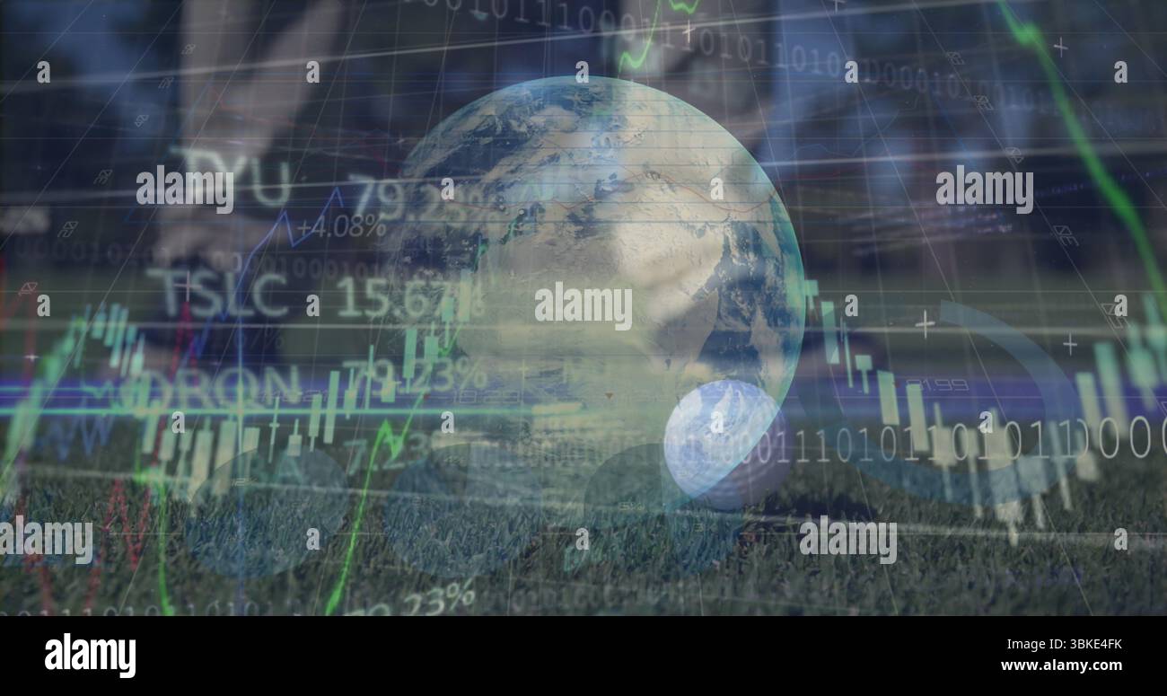 Hovering Earth globe merging with floating candlestick charts over golf ...
