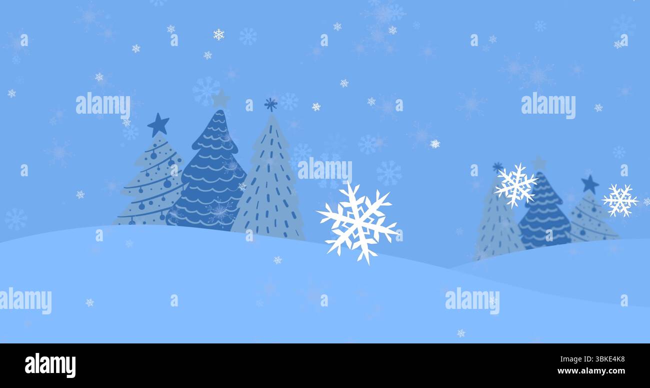 Drifting stylized white snowflake crossing pale winter hills, with ...