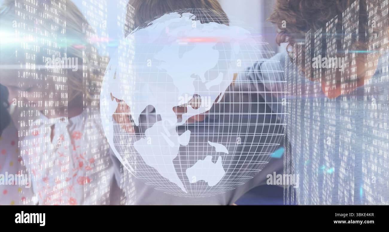 Collaborating professionals analyzing floating wireframe globe in ...
