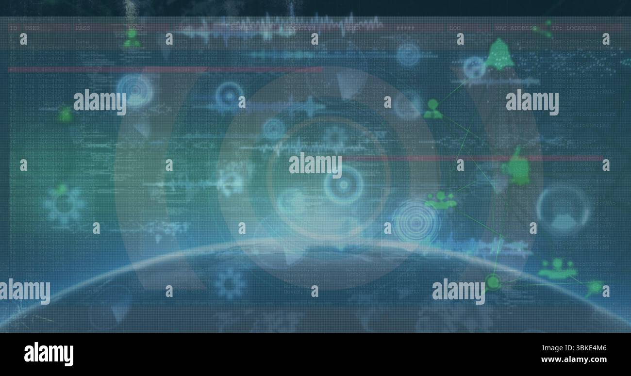 Hovering holographic interface displaying network above Earth horizon ...