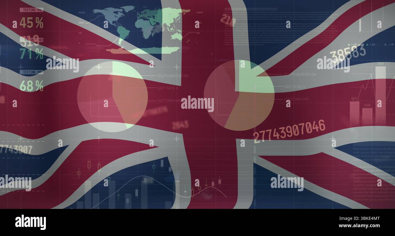 Displaying digital Union Jack flag covering virtual finance dashboard ...