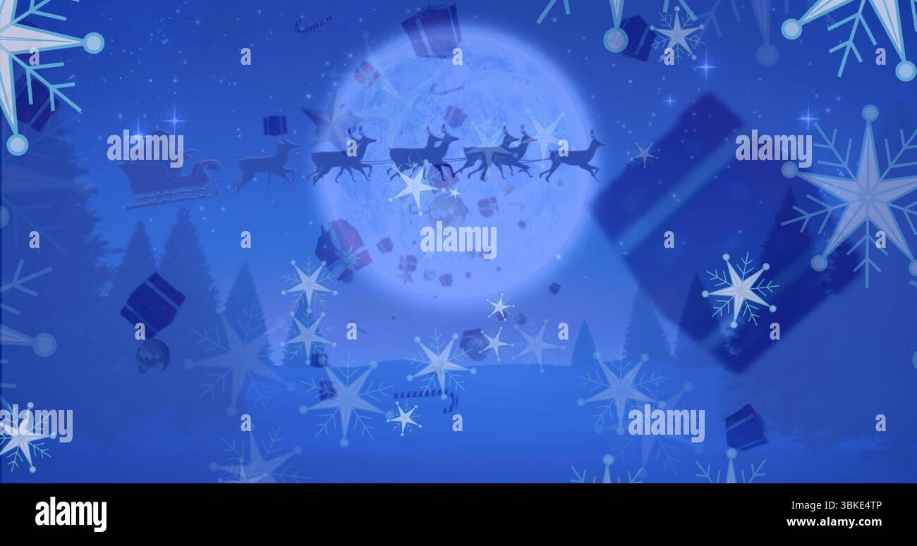 Gliding Santa Claus silhouette riding sleigh across winter night sky under full moon, with ...