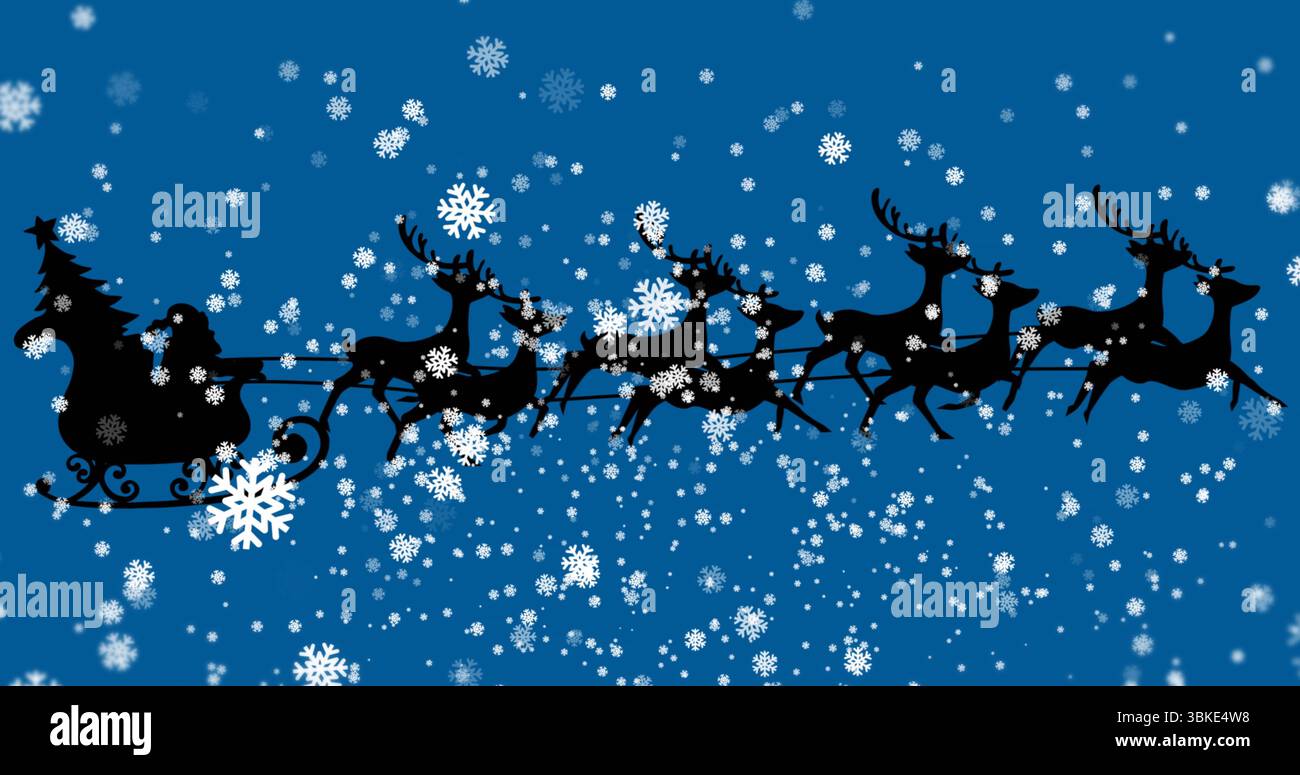 Gliding eight reindeer pulling scrollwork sleigh with Christmas tree in ...
