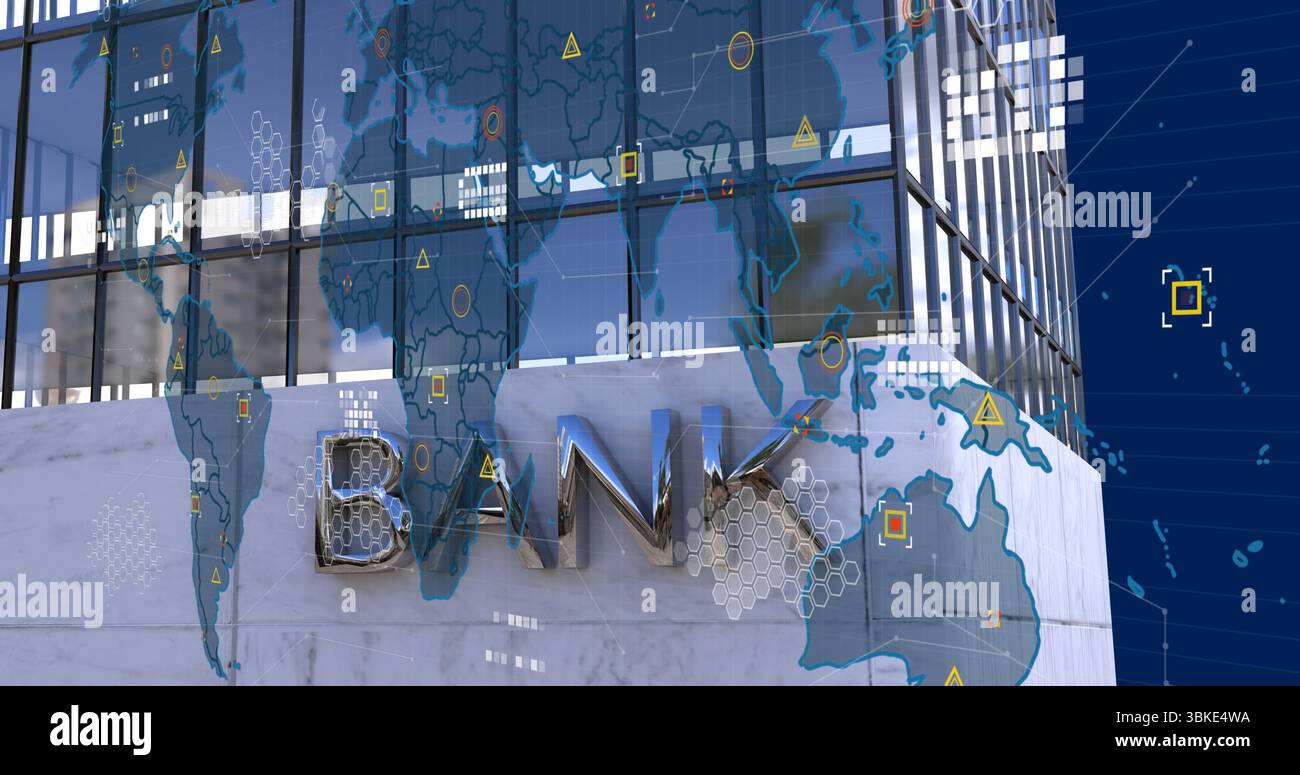 Showing metallic letters spelling BANK on bank marble facade with glass ...