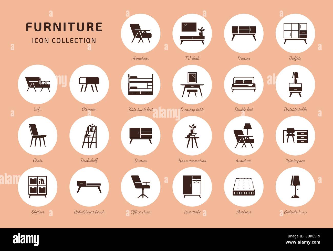 Furniture Icon Set. Flat Vector Collection of Interior Elements Stock ...