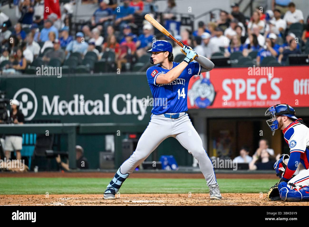 Kansas City Royals' Jac Caglianone awaits the pitch from the Texas ...