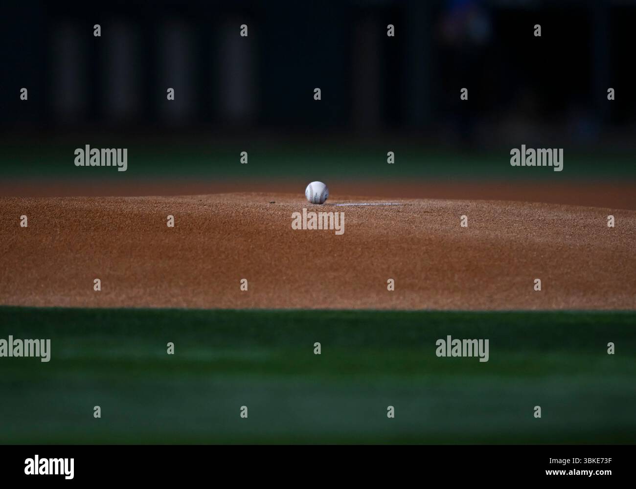 The game ball sits on the mound moments before the Texas Rangers take ...