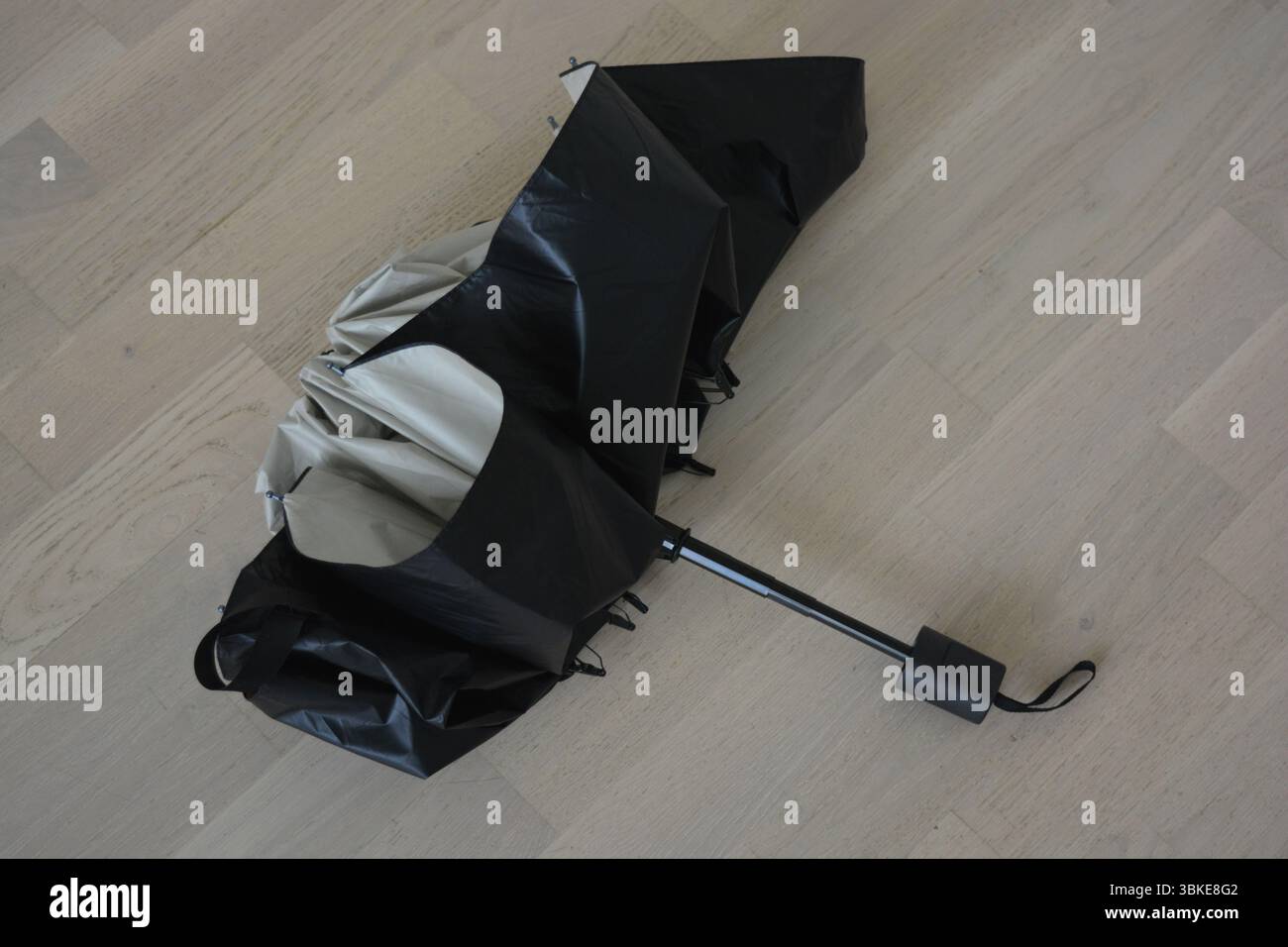 Things everyday objects. Light gray beige umbrella with black lining ...