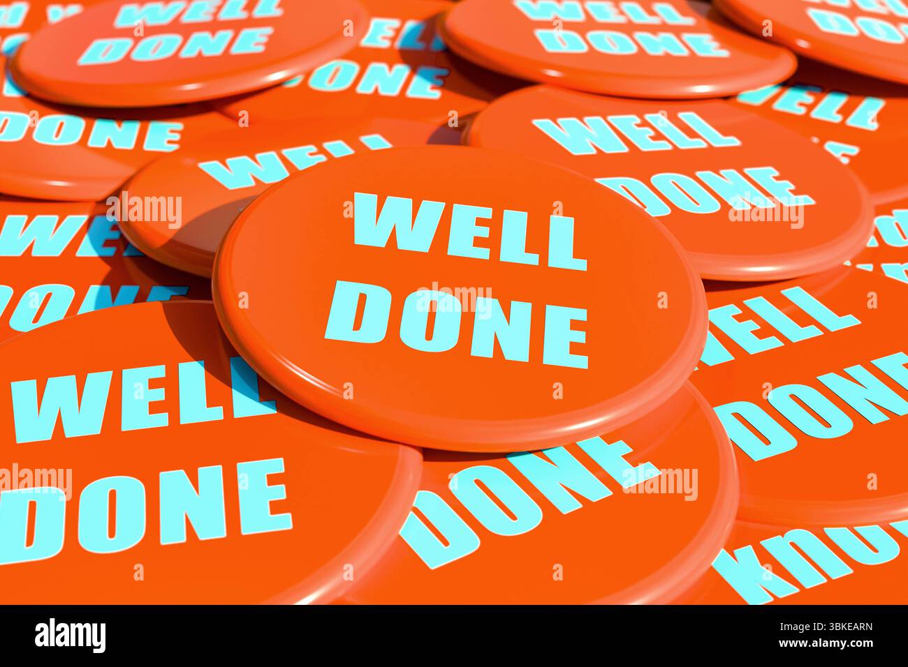 Well done. Well done. Orange badges laying on the table with the ...