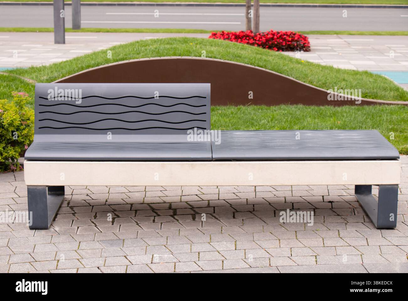 Metal bench in the public park with wavy patterns in Belgrade ...