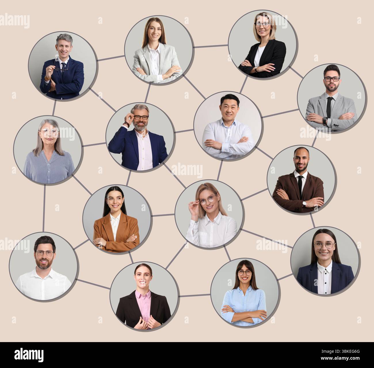 Network: business, communication, team. Circles with portraits of ...