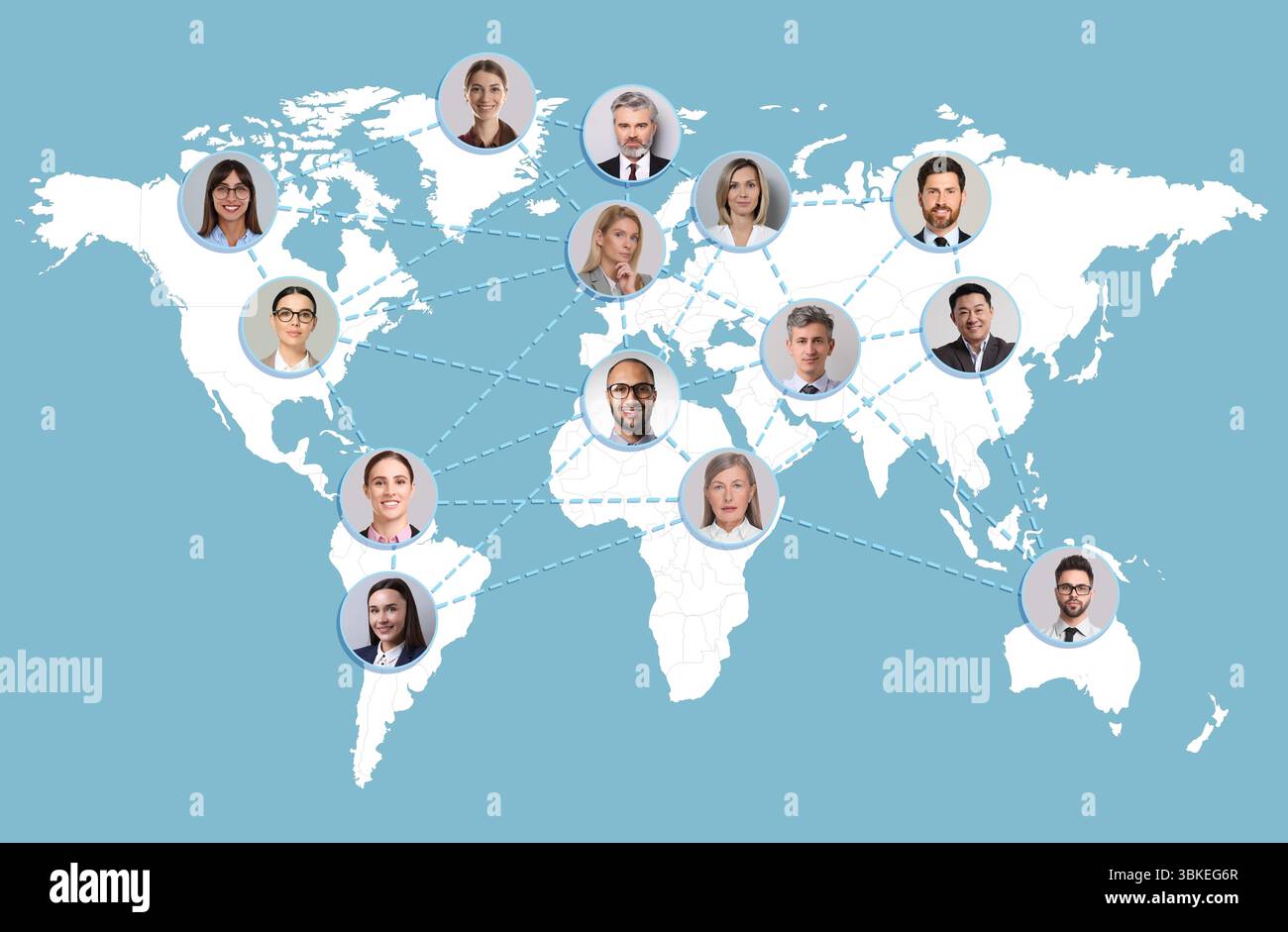 Global network: business, communication, team. Circles with portraits ...